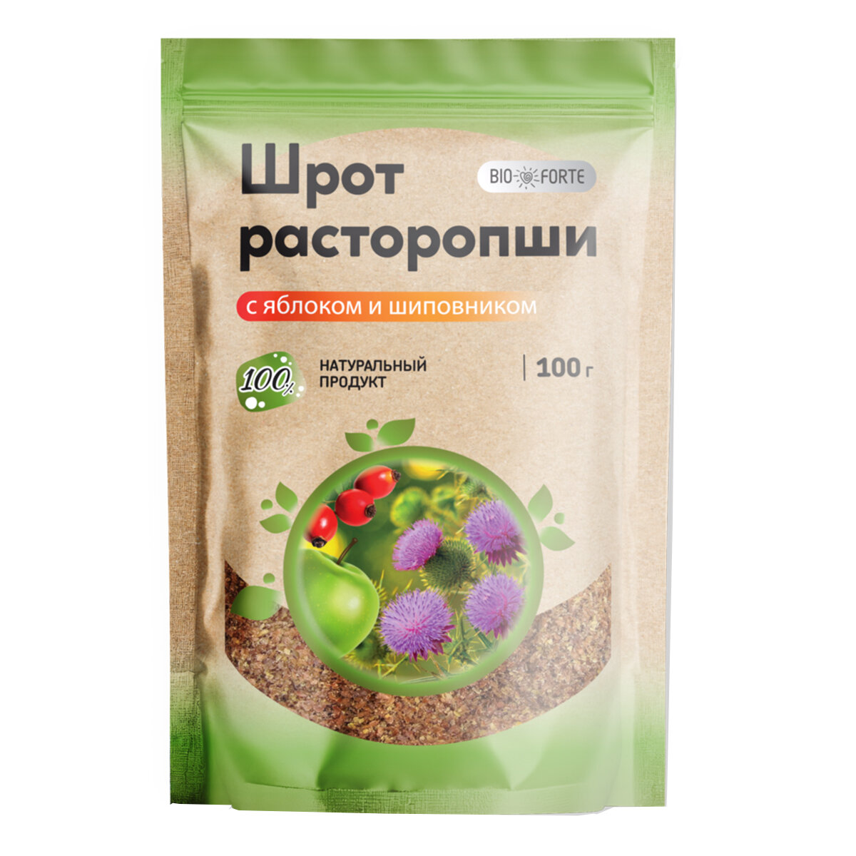Расторопша шрот с яблоком и шиповником, 100 г дой-пак, BioForte