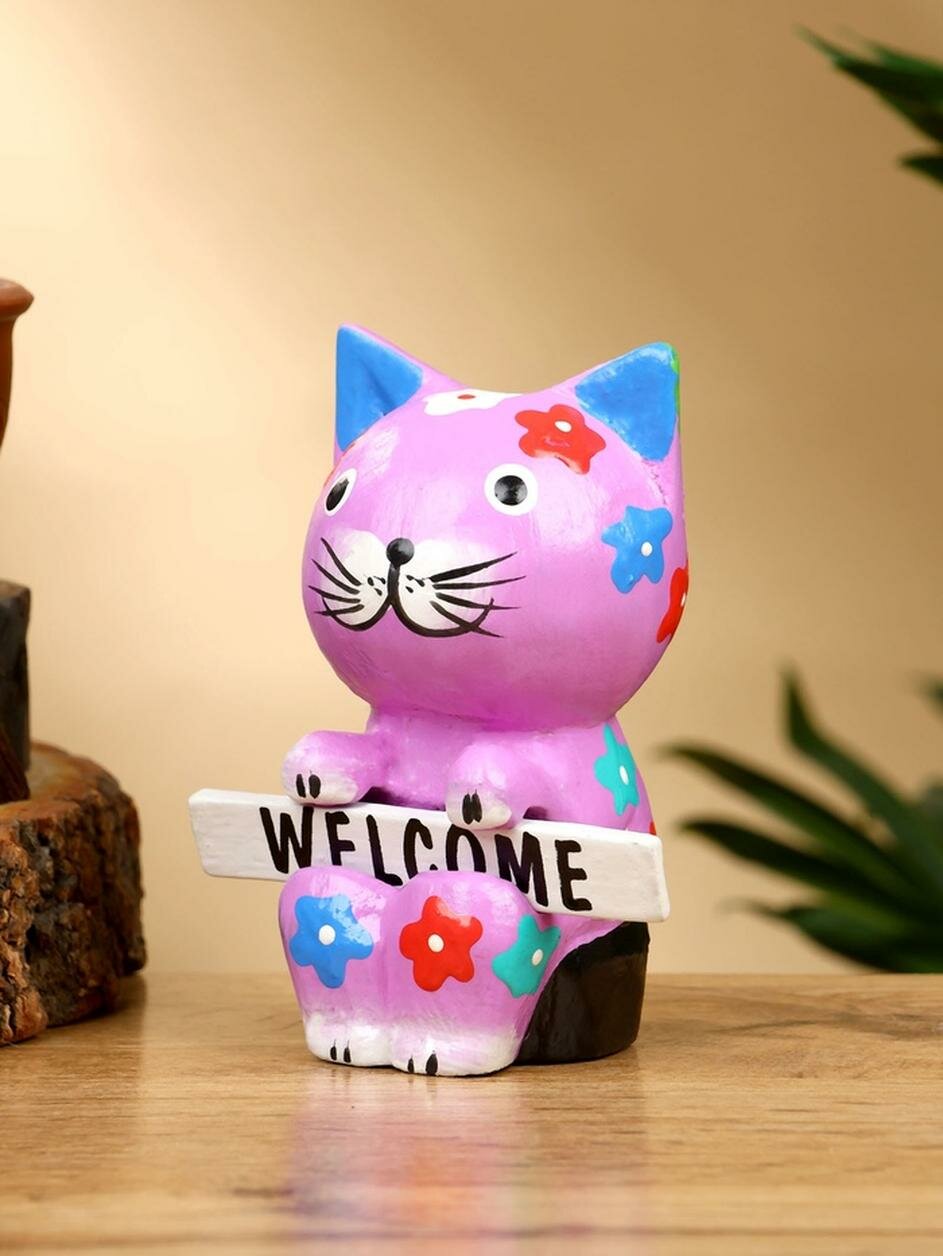 Сувенир "Кот с табличкой WELCOME" дерево 8х5х10 см, цвет сиреневый