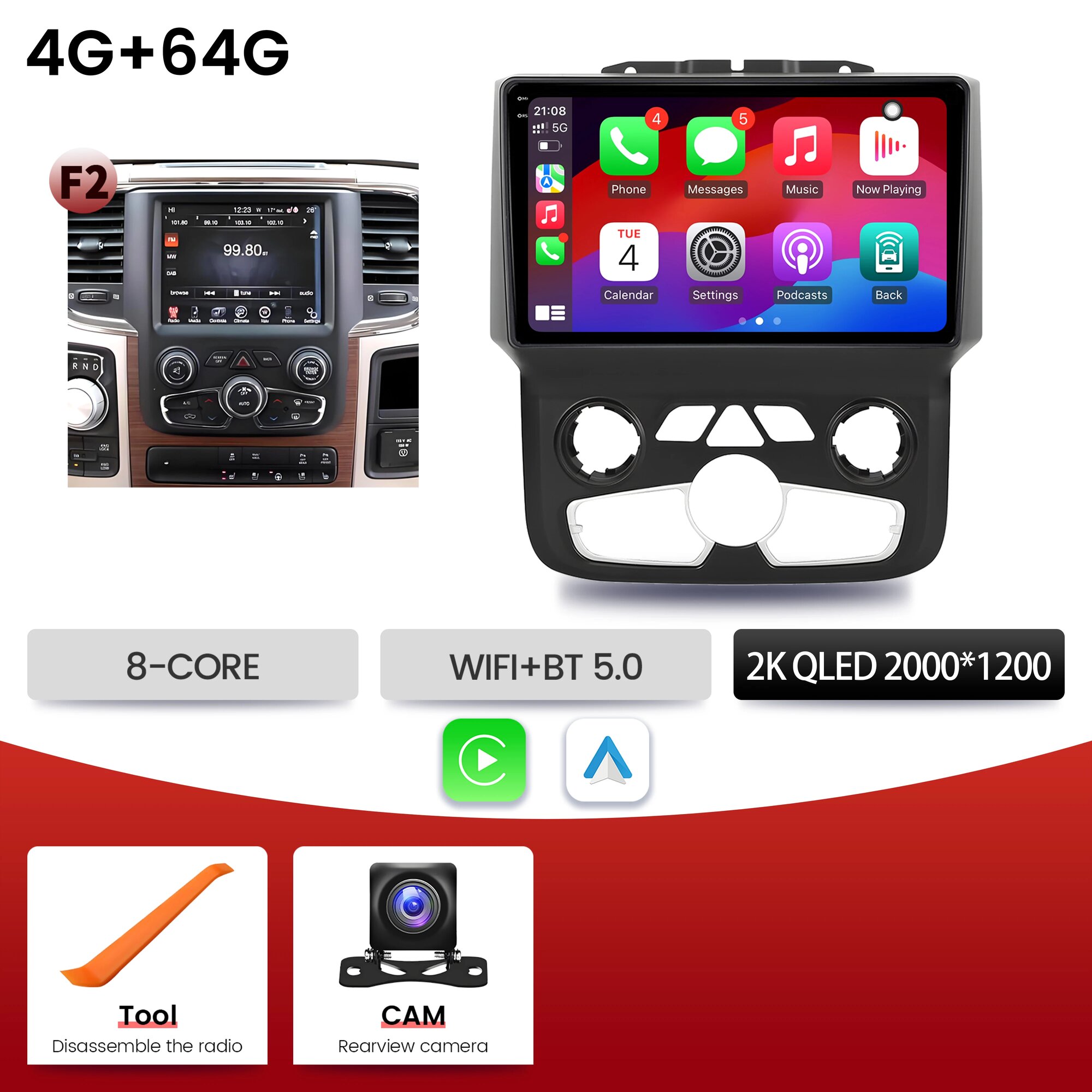 9-дюймовый автомобильный радиоприемник для Dodge RAM 1500 2500 2013-2019, Android 2K 4G-64G CAM F2