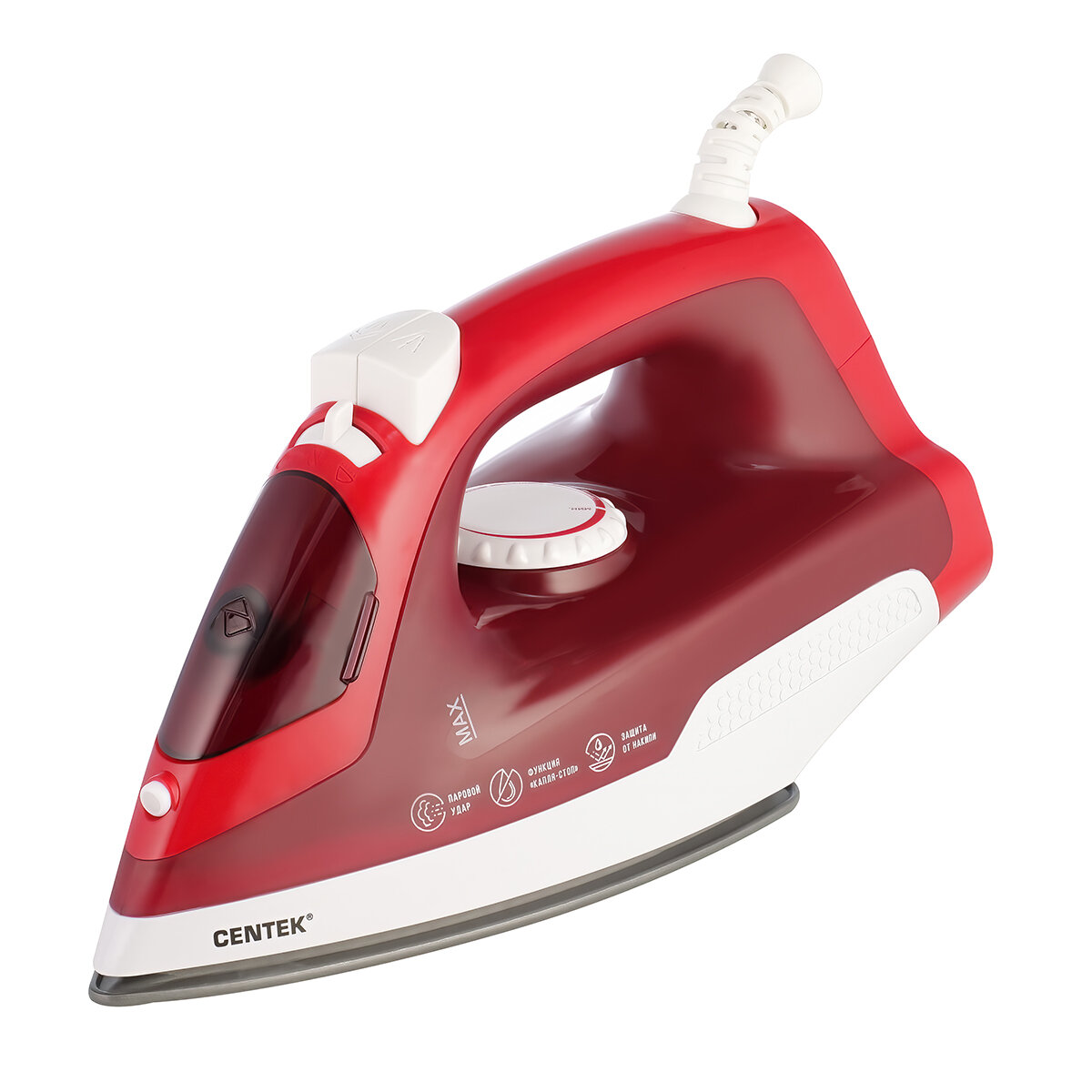 Утюг электрический CENTEK CT-2347, красный, 1800 Вт, паровой удар, самоочистка, антипригарная подошва