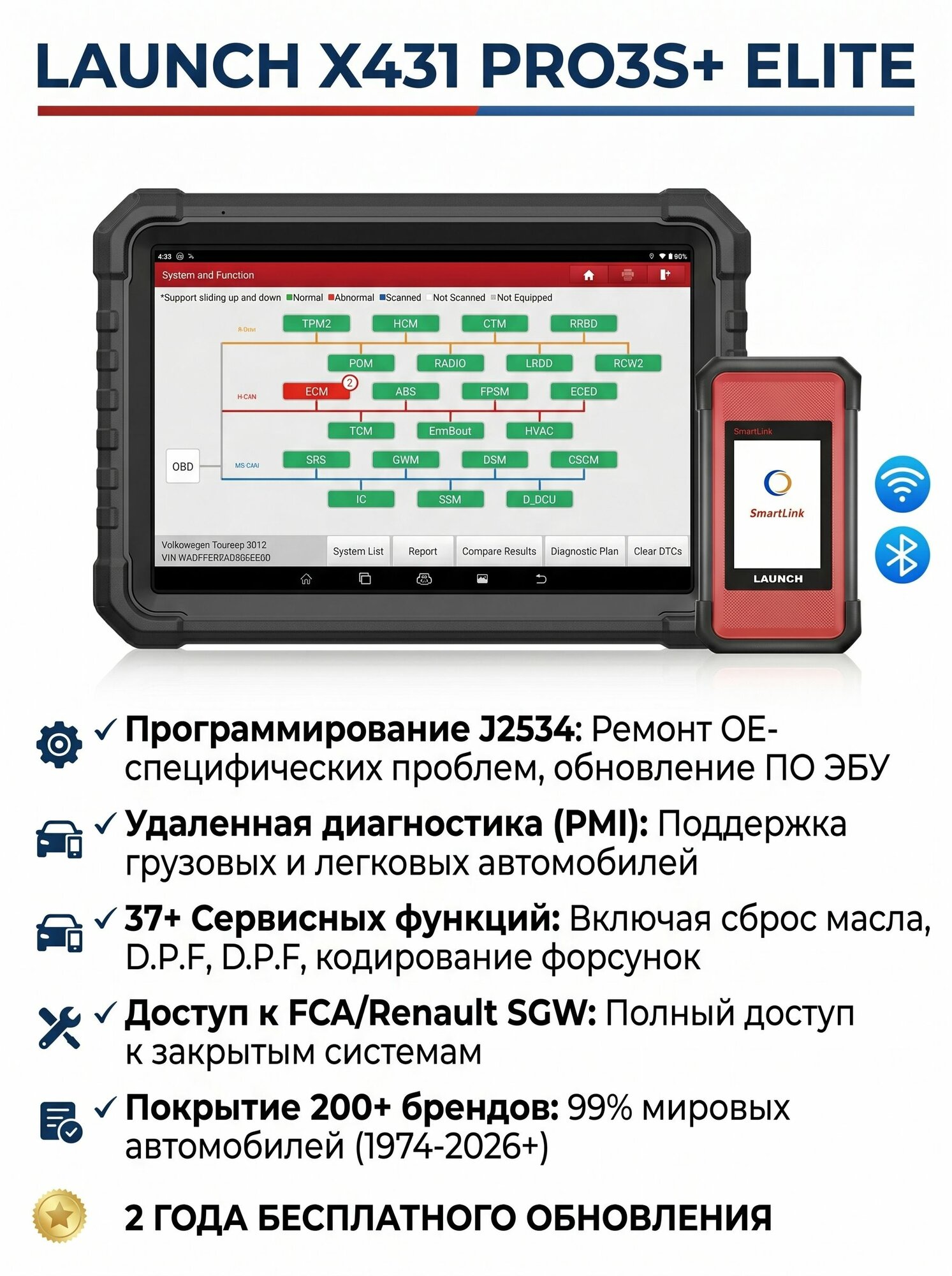 Диагностический планшет X431 3S+ Elite, двусторонние активные тесты, 60+ сервисных функций, поддержка CAN FD DoIP SGW