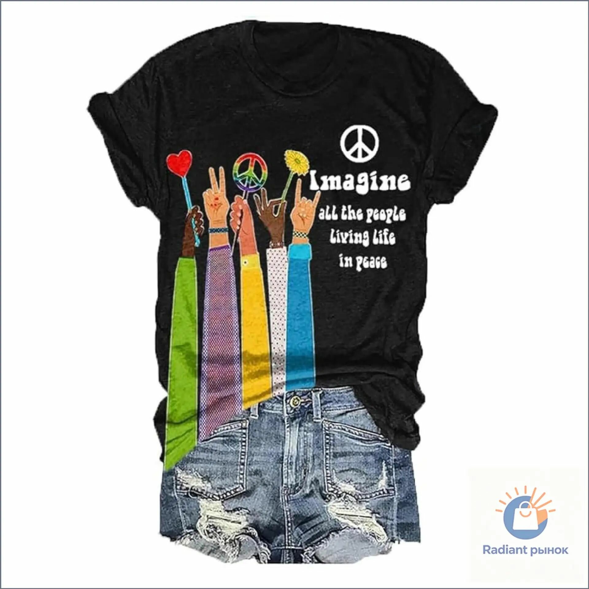 Манишка спортивная milochic Футболка женская круглый вырез с надписью Imagine All The People Living Life in Peace и мирным знаком