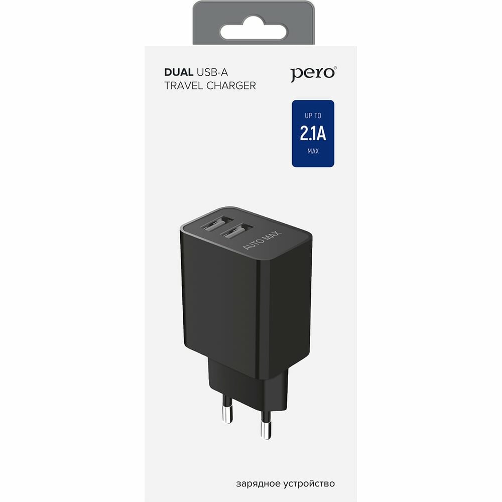 Сетевое зарядное устройство PERO TC02 2USB 2.1A черный ТС02BL2A — фото 1