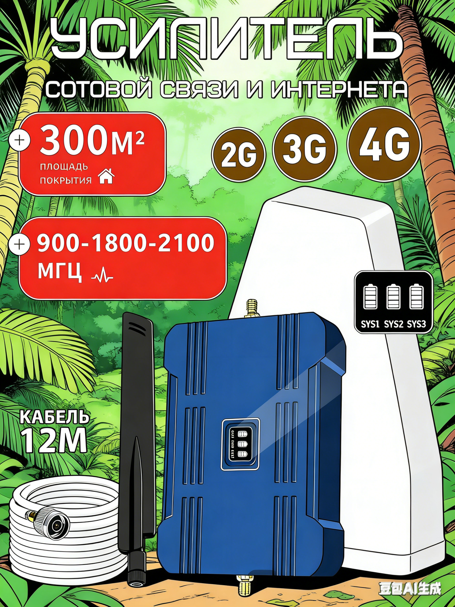 Усилитель сотовой связи 900/1800/2100 МГц (2G/3G/4G): до 70 км, направленный, синий, 1.3 кг