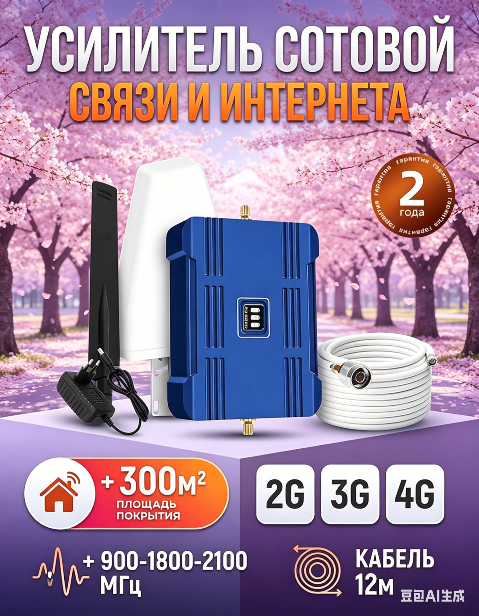 Усилитель сотовой связи 900/1800/2100 МГц (2G/3G/4G): до 70 км, направленный, синий, 1.3 кг