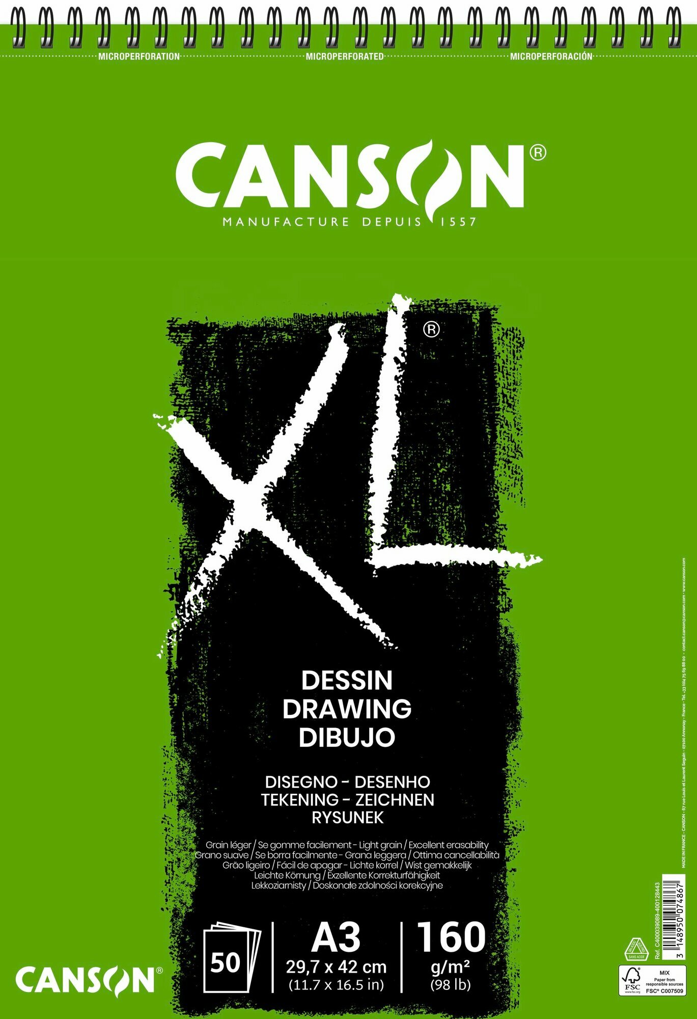CANSON XL Dessin альбом для графики 160 г/м2, 50 листов A3 29.7 х 42 см, на спирали, C400039089