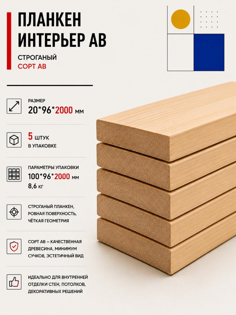 Планкен интерьерный, сорт АВ, 20х96х2000, 5шт, хвойных пород
