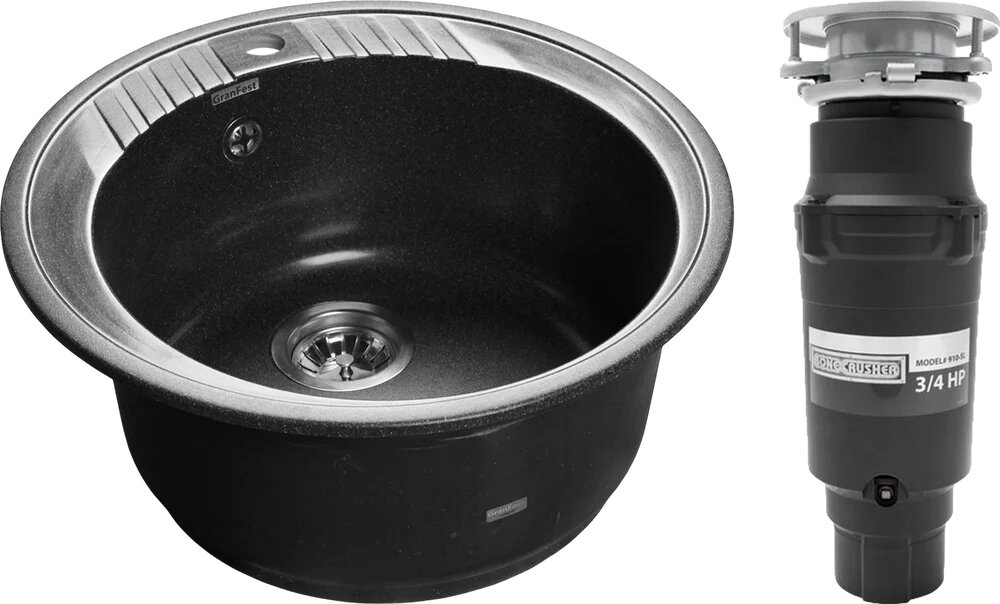 Комплект Мойка GranFest Rondo GF-R520 52x52, черная, искусственный мрамор / Измельчитель Bone Crusher BC 910-SL-Slim Line электрический, нержавеющая сталь