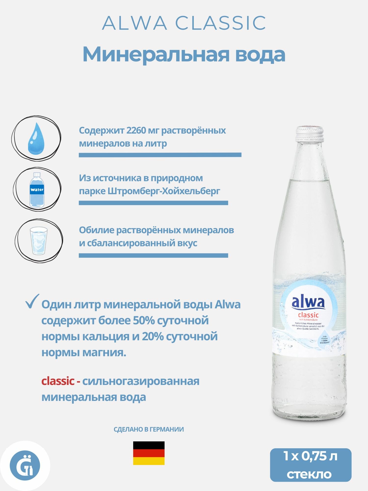 Натуральная минеральная природная питьевая столовая газированная вода Alwa classic 1x0,75