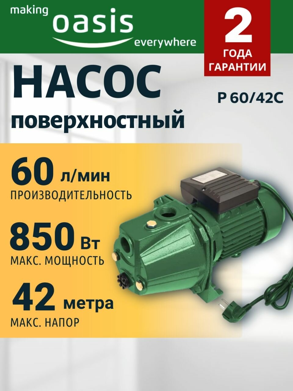 OASIS Насос для воды поверхностный P 60/42 C, центробежный, электрический, водяной