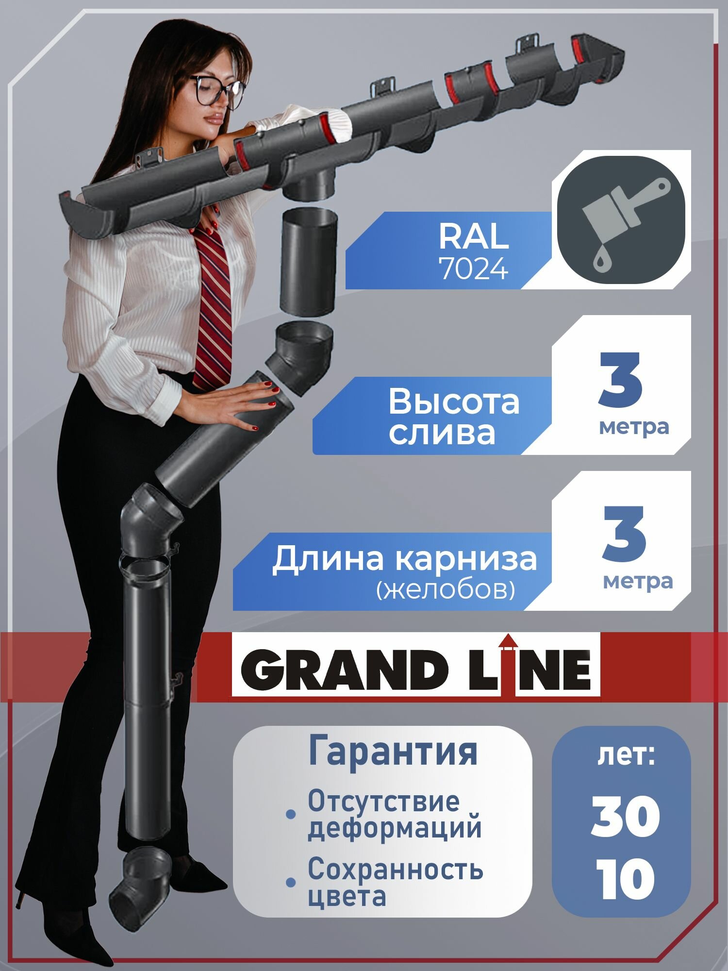 Grand Line Водосточная система ( 3 м по 1м длина и высота ) графит RAL 7024 , водосток для крыши пластиковый Гранд Лайн ( 120 мм/ 90 мм ) комплект элементов ПВХ серый 1 слив
