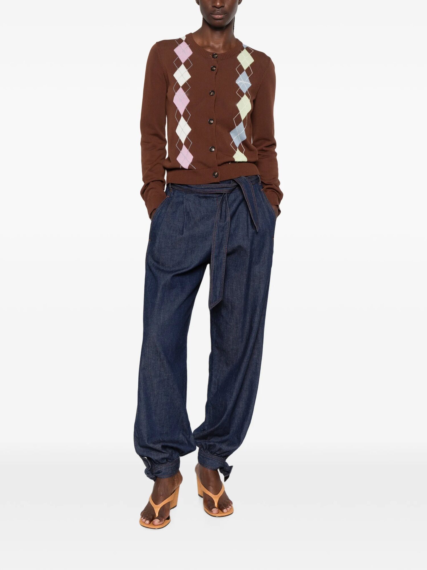 Кардиган GANNI Argyle-pattern button-up cardigan, размер 38, коричневый — фото 1
