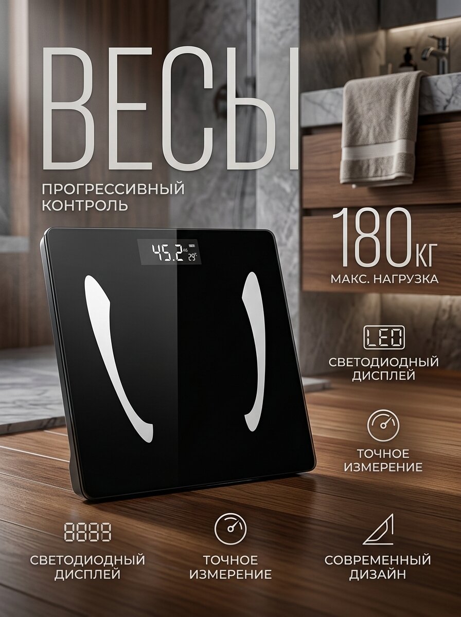 Электронные квадратные напольные весы/Персональные напольные весы до 180 кг/для дома /Точные/ Стильные прозрачные