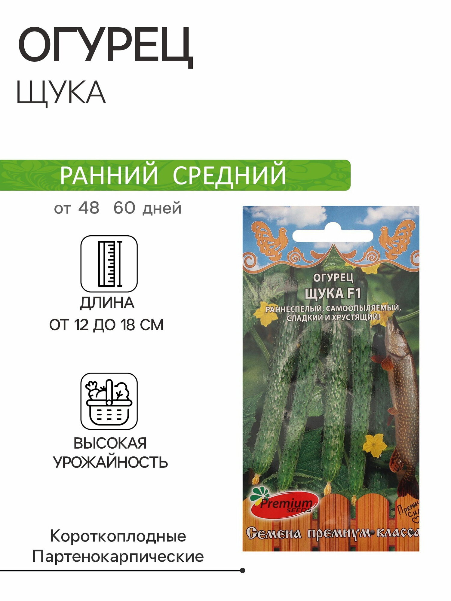 Семена Огурец "Щука", F1, 5 шт, сроки созревания: ранний, посев на рассаду: апрель