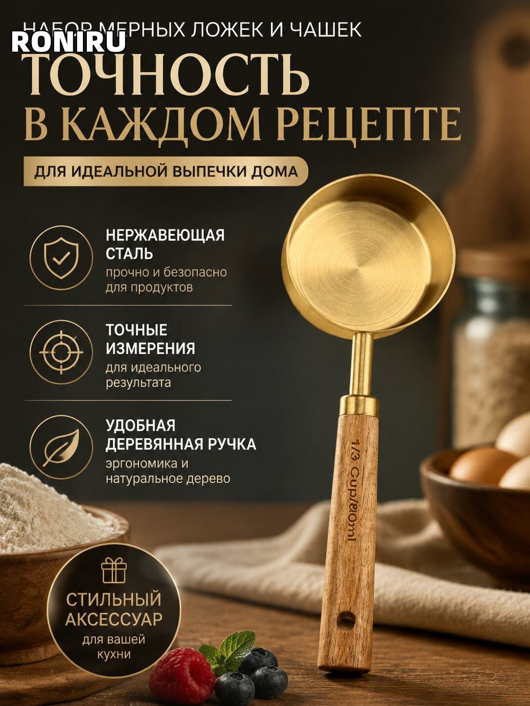 Набор мерных ложек и чашек из нержавеющей стали с удобной деревянной ручкой для точного измерения в выпечке для дома