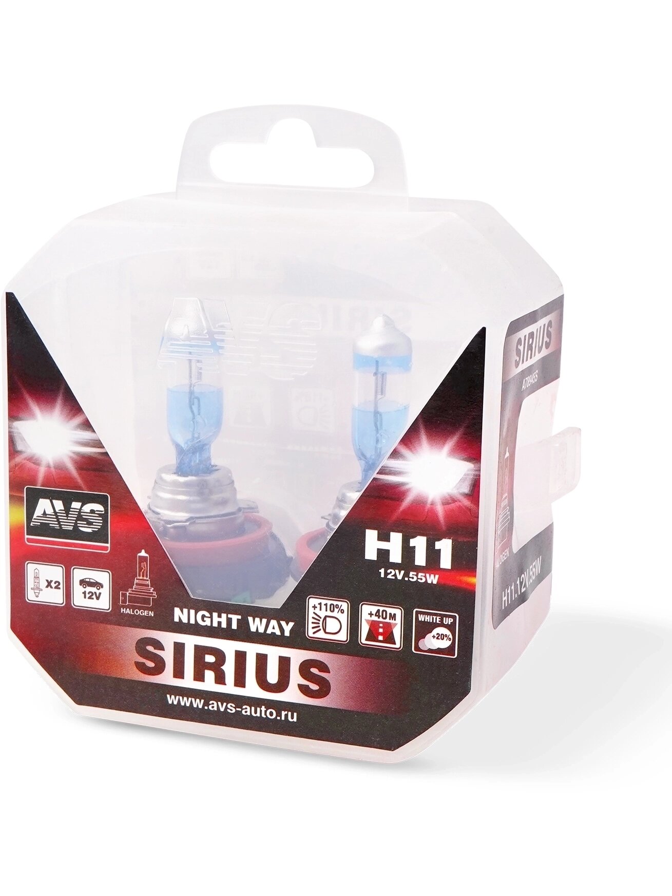 Комплект галогенных ламп AVS SIRIUS NIGHT WAY PB H11 (A78945S) 2 шт. - пластиковый бокс, напряжение 12V, мощность 55W, цветовая температура 3700 К