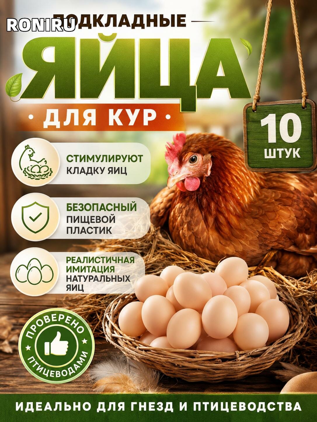 Подкладные яйца для кур 10 шт пластиковые для птицеводства — пищевой пластик, имитация натуральных яиц в гнёздах