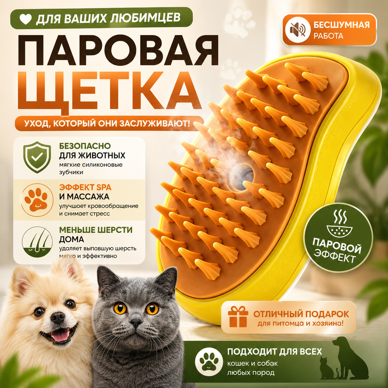 Паровая щетка для кошек и собак, силиконовая расческа для вычесывания шерсти