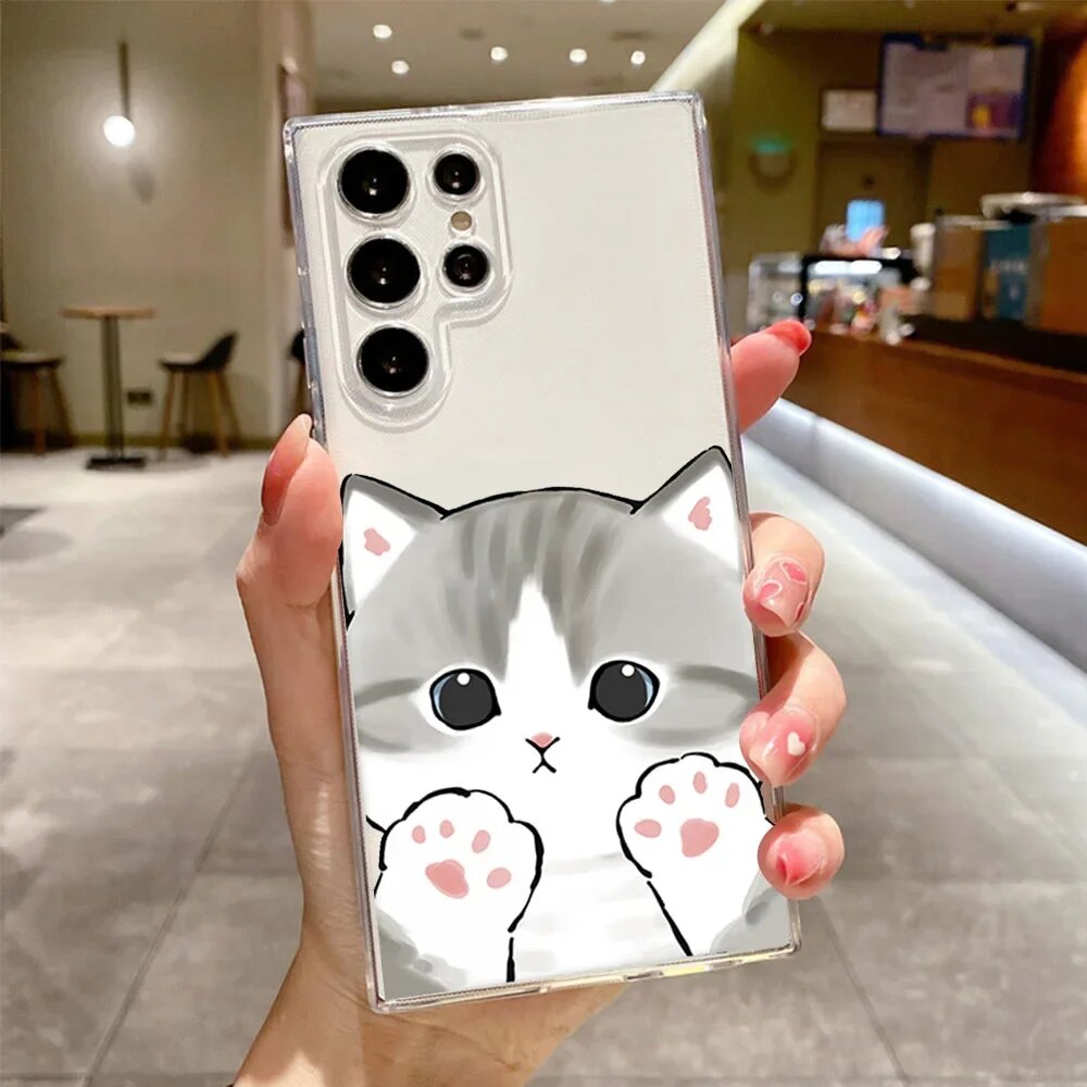 Прозрачный чехол для телефона с забавной милой парой кошек для Samsung Galaxy S23 S22 S21 S24 Ultra Plus FE 5G, мягкий силиконовый чехол, прозрачный чехол
