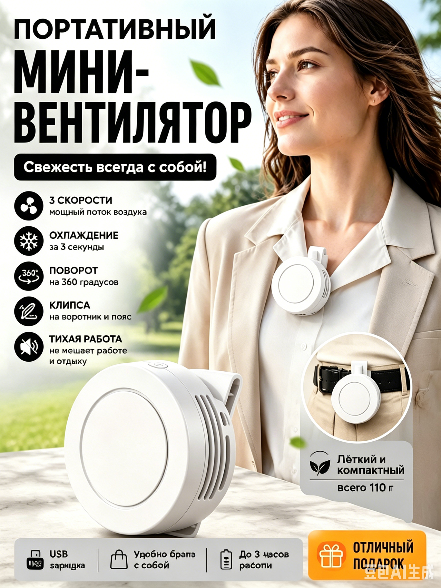 Портативный мини-вентилятор клипса на воротник и пояс USB，мощный поток воздуха, компактный для прогулок и работы