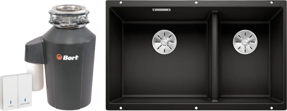 Комплект Мойка Blanco Subline 430/270-U 75x46, черная, искусственный гранит / Измельчитель Bort Alligator Green электрический, нержавеющая сталь