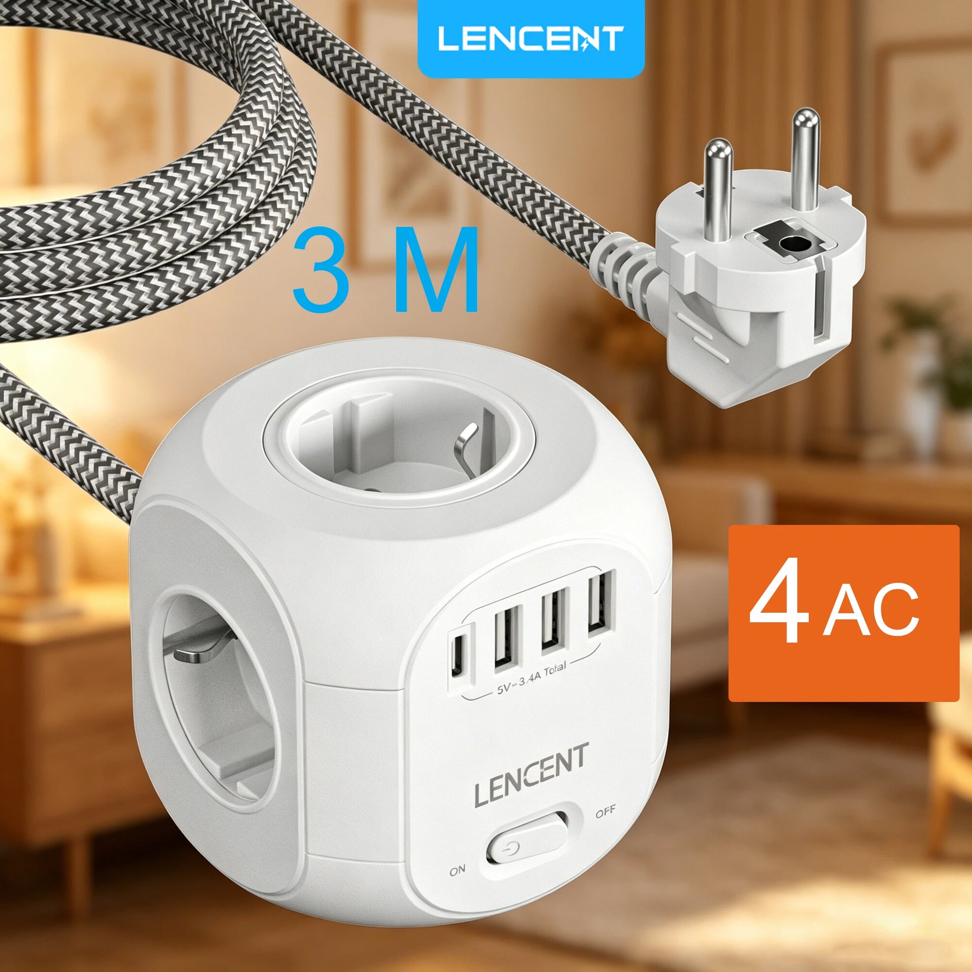 LENCENT Удлинитель сетевой с USB PA010EU-2A2C 3M