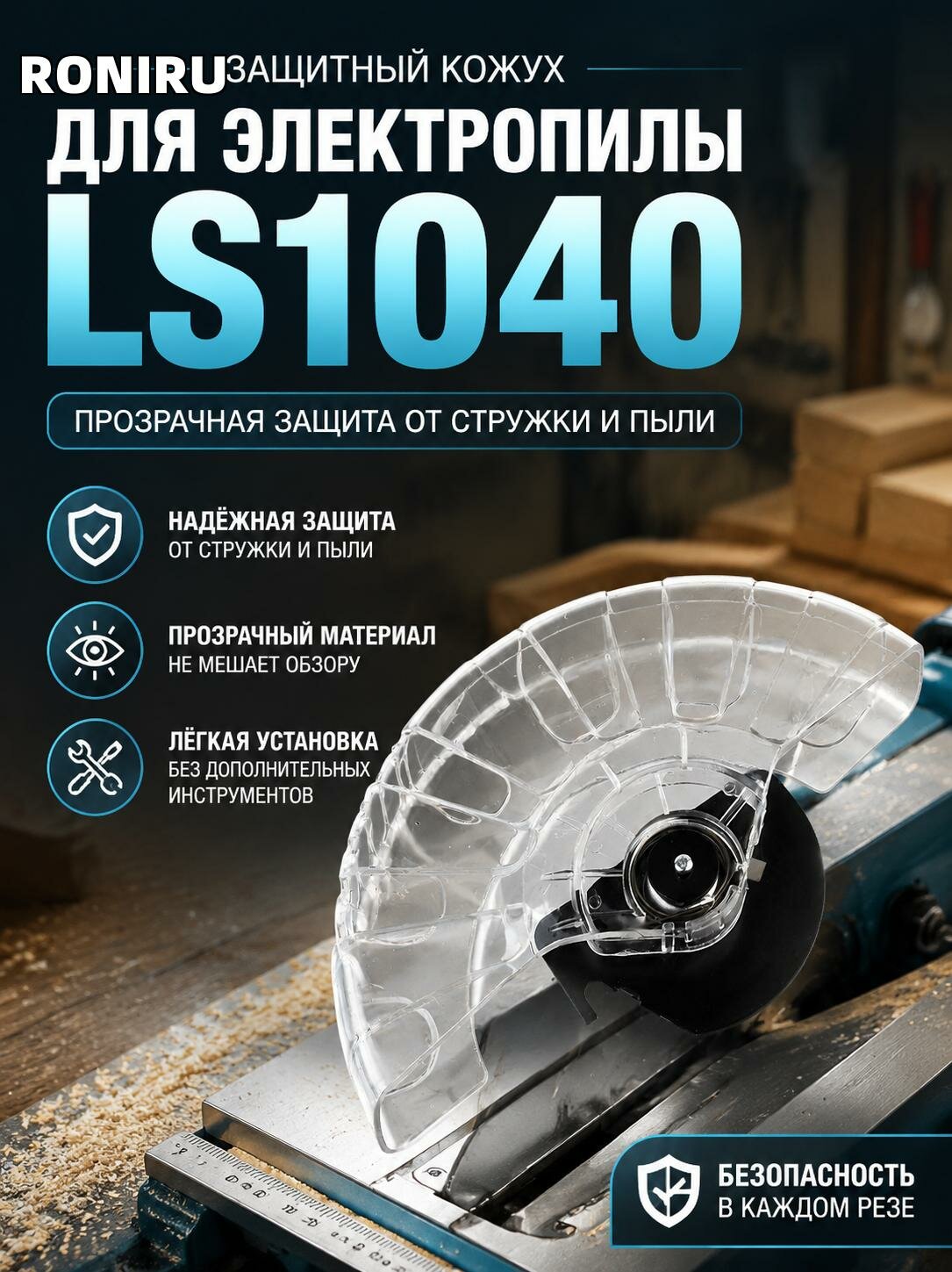 Защитный алюминиевый кожух для электропилы LS1040 — прозрачная защита от стружки и пыли для мастерской и дома.
