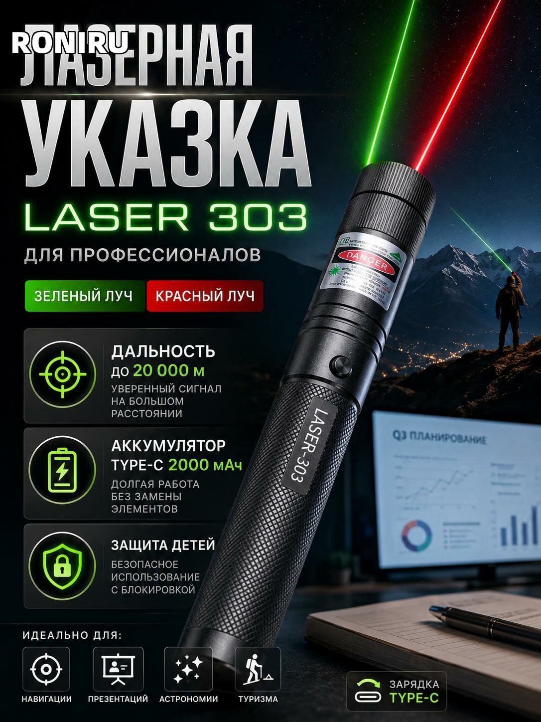 Лазерная указка Laser 303 - зеленый и красный луч для навигации и презентаций, Type-C 2000 мАч, защита детей