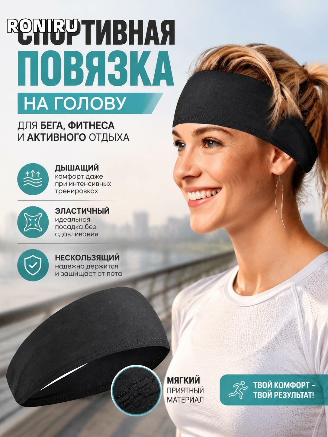 Спортивная повязка на голову для бега и фитнеса — дышащая, эластичная и нескользящая повязка от пота для активного отдыха
