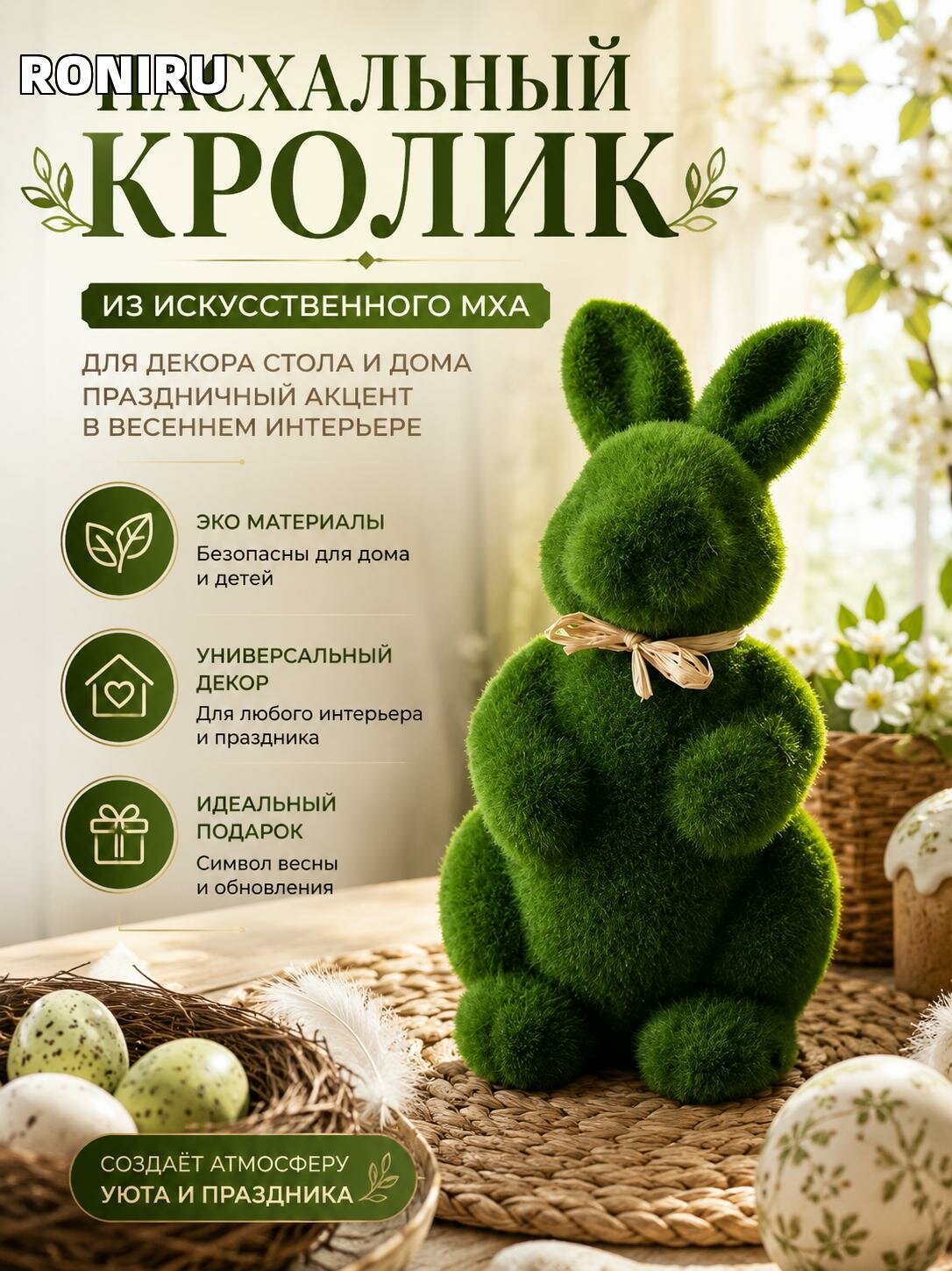 Пасхальные кролики из искусственного мха для декора стола и дома — праздничные фигурки для весеннего интерьера