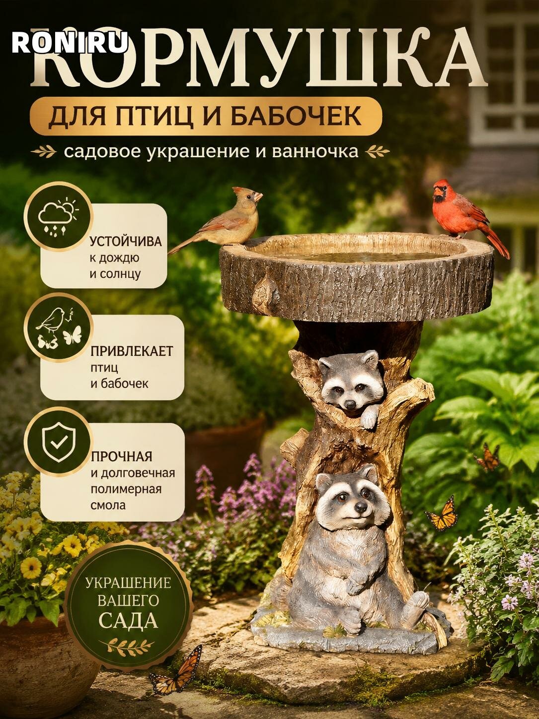 Кормушка для птиц из смолы — садовое украшение и ванночка, устойчива к дождю и солнцу, привлекает птиц и бабочек