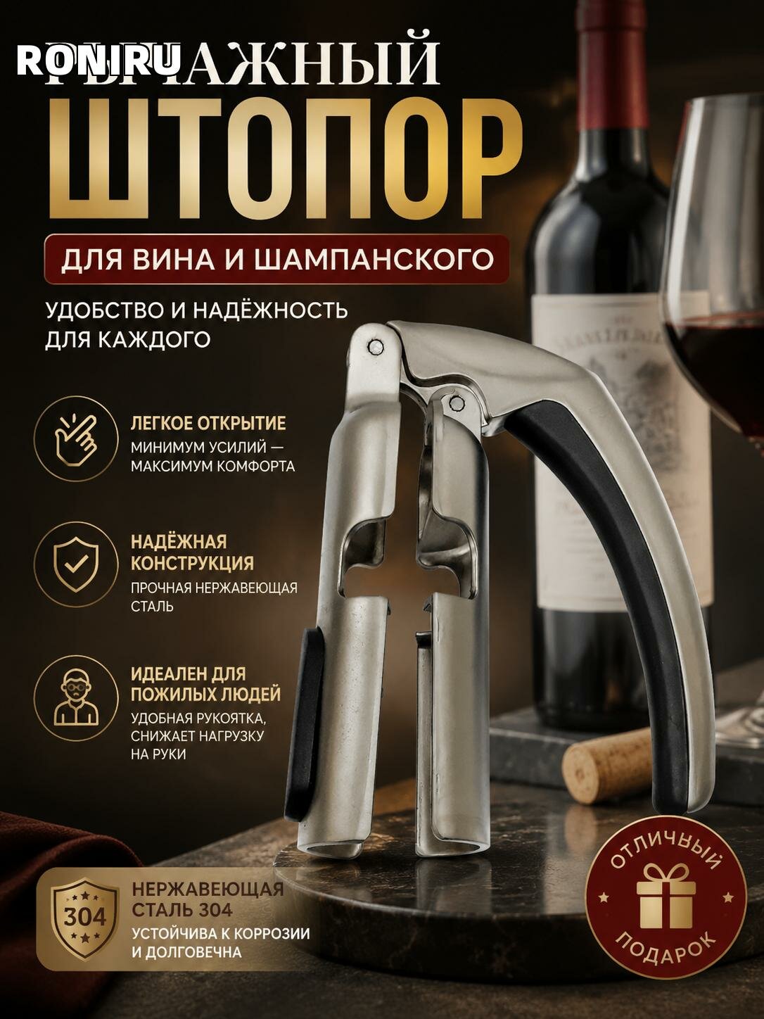Рычажный штопор для вина и шампанского из нержавеющей стали — удобное и надежное открытие для слабых рук и пожилых