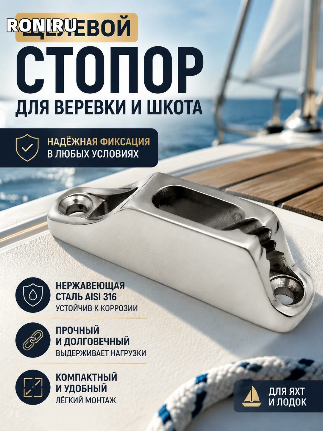 Стопор щелевой для веревки и шкота из нержавеющей стали — надежный зажим для яхты и лодки, компактный и прочный