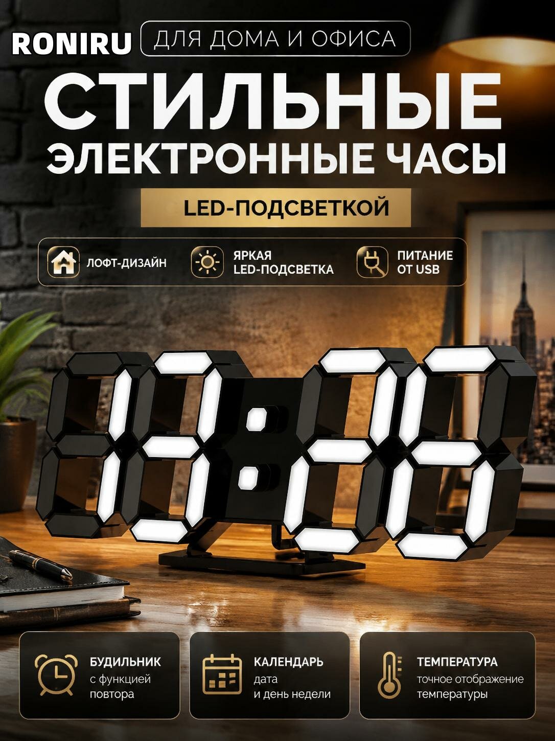 Стильные электронные часы с LED-подсветкой, будильником, термометром и календарем для дома и офиса, в стиле лофт