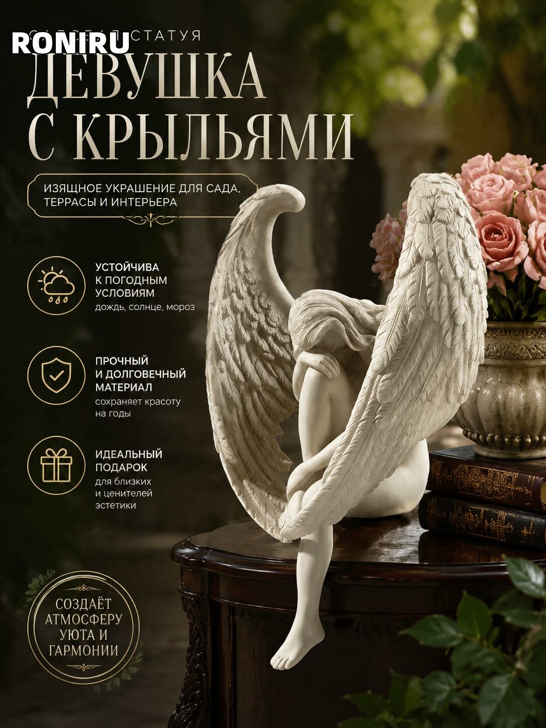 Садовая статуя 'Девушка с крыльями' — изящное украшение для сада, террасы и интерьера, устойчивая к дождю и солнцу