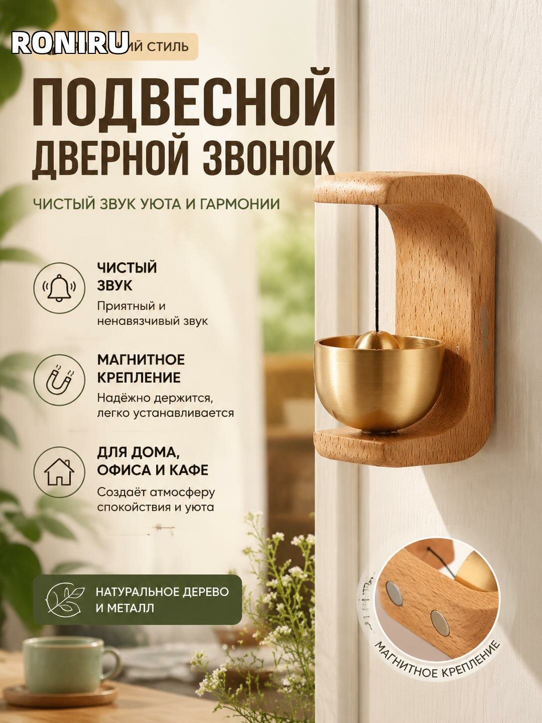 Подвесной деревянный дверной звонок с магнитом в японском стиле — чистый звук для дома, офиса и кафе — компактный