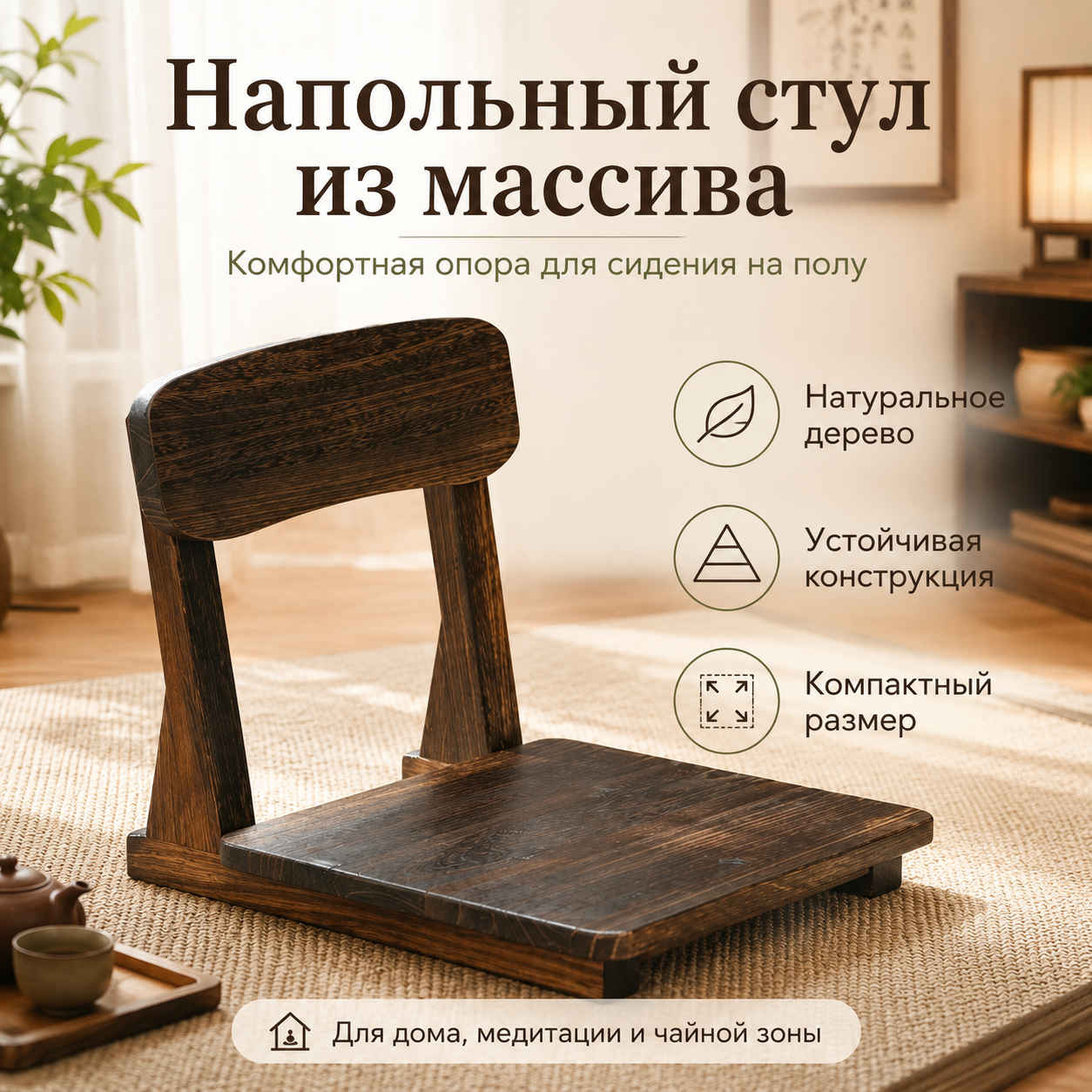 Стул-татами "Japanese Floor Chair", японский стиль, для дома, массив дерева, 40х45х36 см