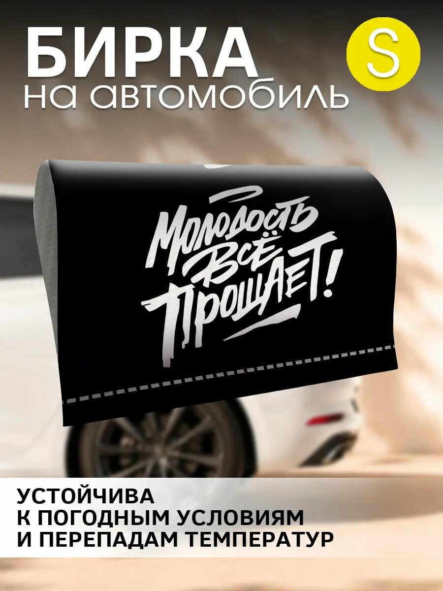 Бирка на авто надписи Молодость всё прощает