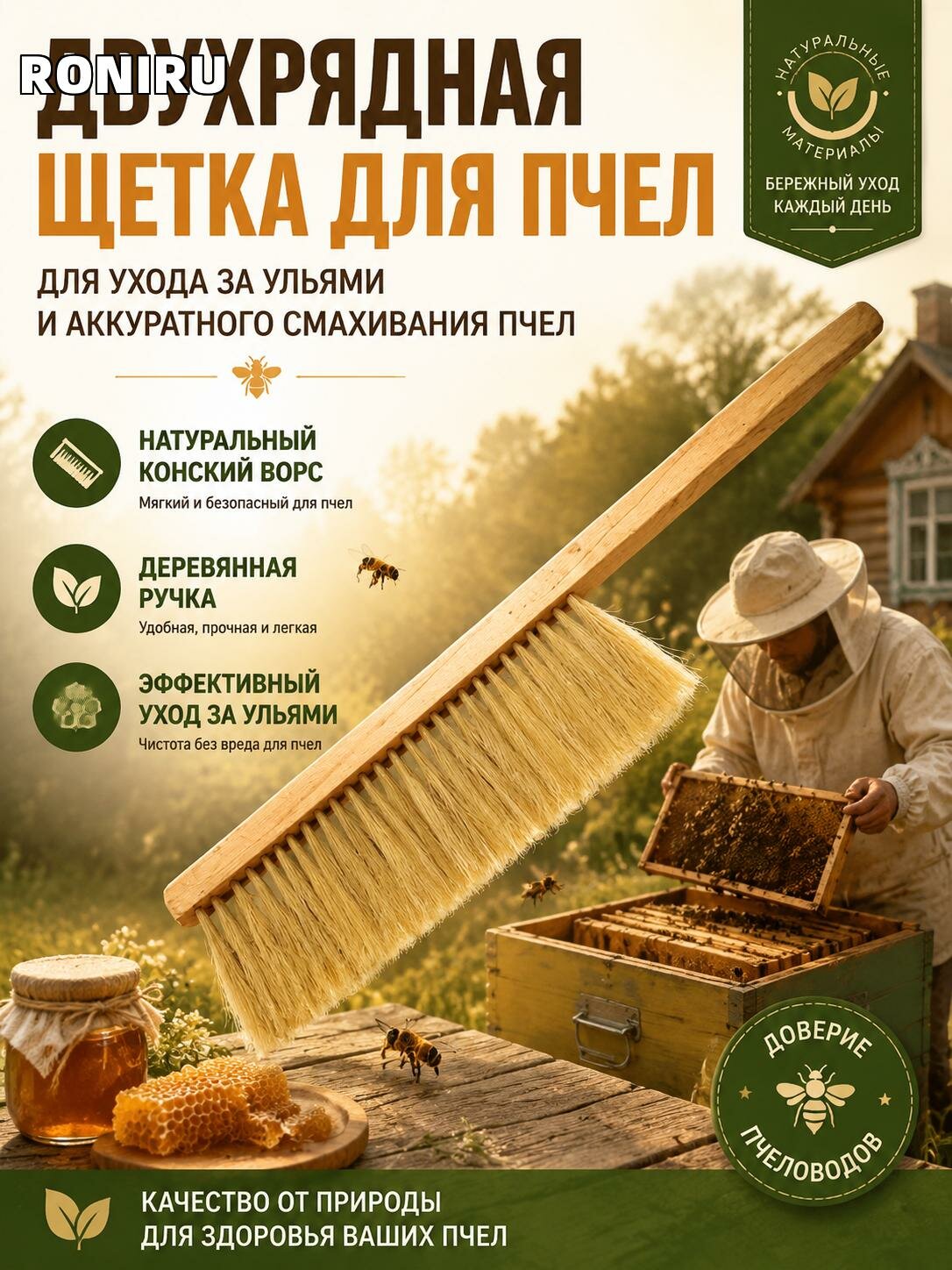 Двухрядная щетка для пчел, с конским ворсом и деревянной ручкой для ухода за ульями и аккуратного смахивания пчел