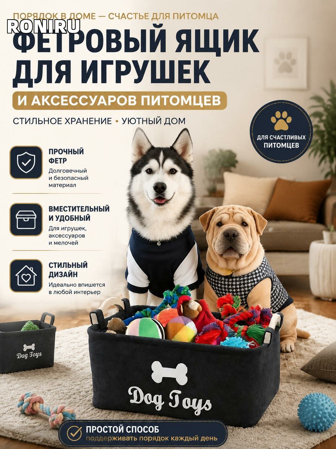 Прочный фетровый ящик для хранения игрушек и аксессуаров питомцев, стильная темно-серая корзина‑органайзер для дома и прихожей