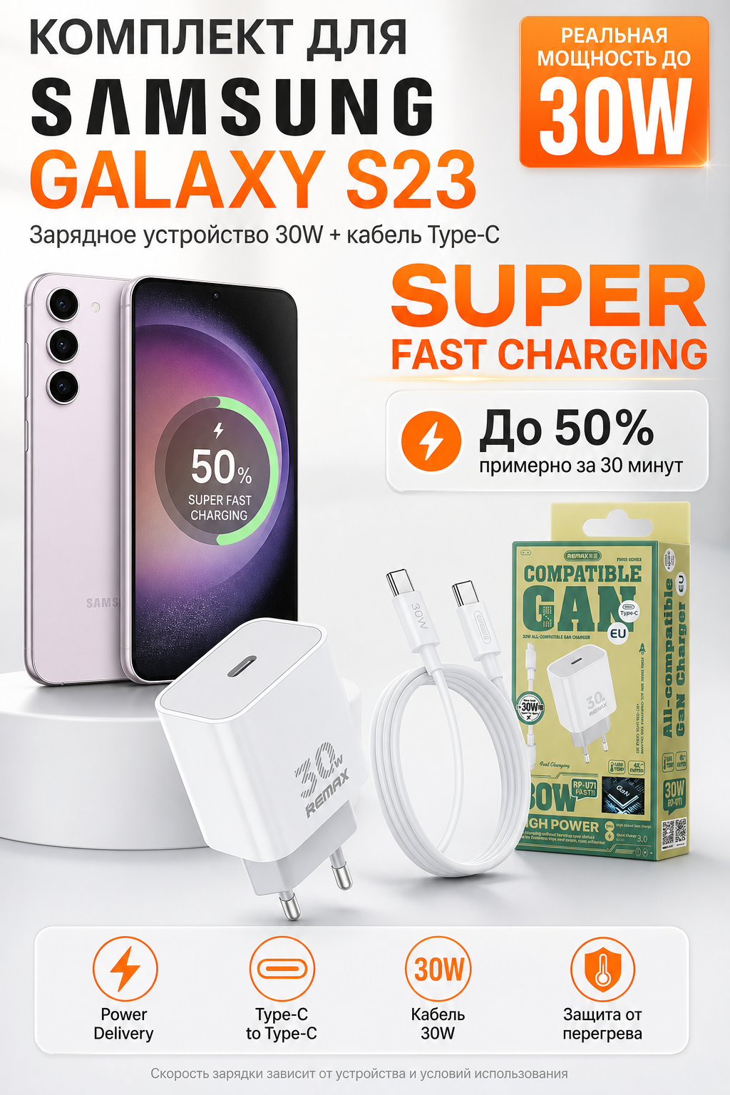 Комплект зарядки Samsung Galaxy S23 блок и кабель USB Type-C 30 Вт быстрая зарядка