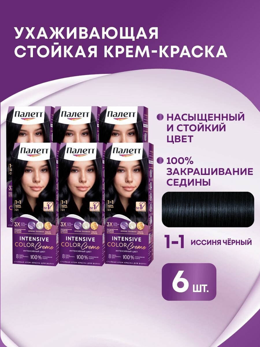 Палетт Стойкая крем-краска для волос Интенсивный цвет 1-1 Иссиня-чёрный, 110 мл, 6 шт