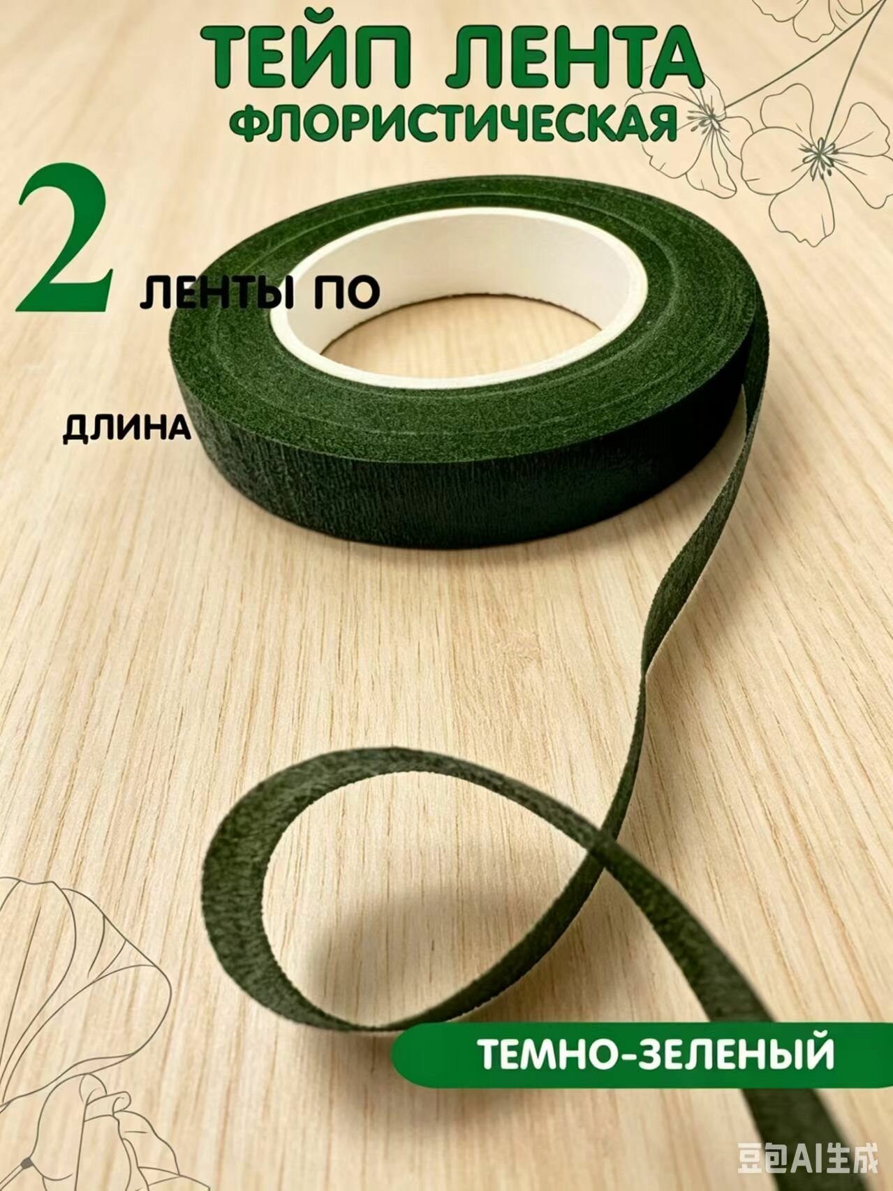 Премиальный набор темно-зеленой флористической ленты, 2 штуки иголок и ниток длиной 12 мм и 15 м