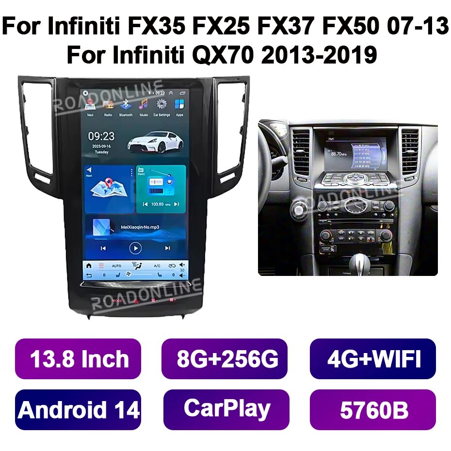 13,8-дюймовый мультимедийный проигрыватель Android 14 для Infiniti FX35 FX25 FX37 FX50 Infiniti QX70 2007-2019, экран в стиле Tesla, GPS-навигация, головное устройство