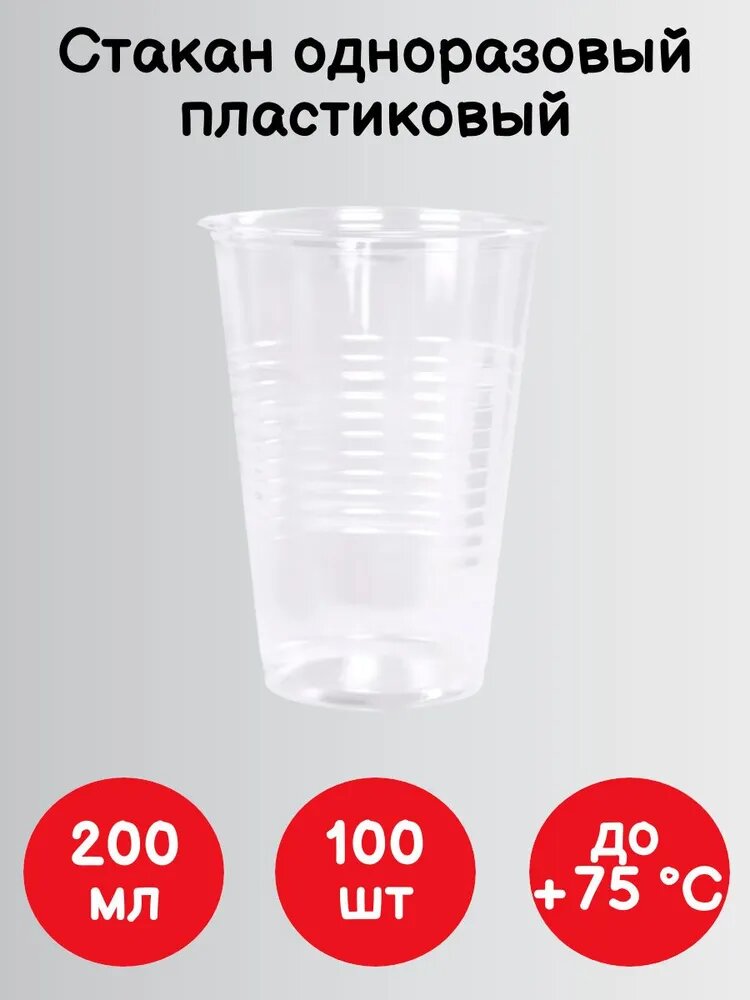 Стакан одноразовый пластиковый, прозрачный 200 мл, комплект 100 шт, Бюджет, ПП, холодное/горячее, 600933