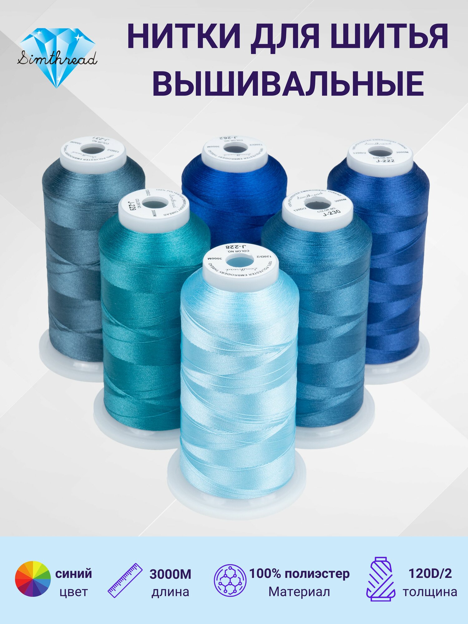 Нитки для машинной вышивки, Simthread набор 6 цветов, 40wt, 3000м, полиэстер