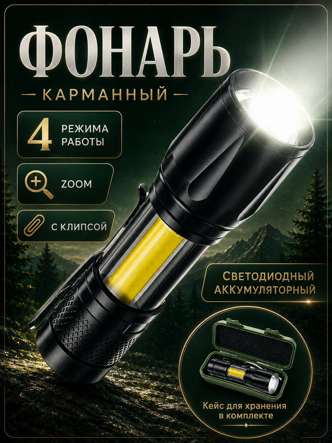 Фонарь светодиодный, Фонарик аккумуляторный ручной для рыбалки, Охоты, Туризма, Черный