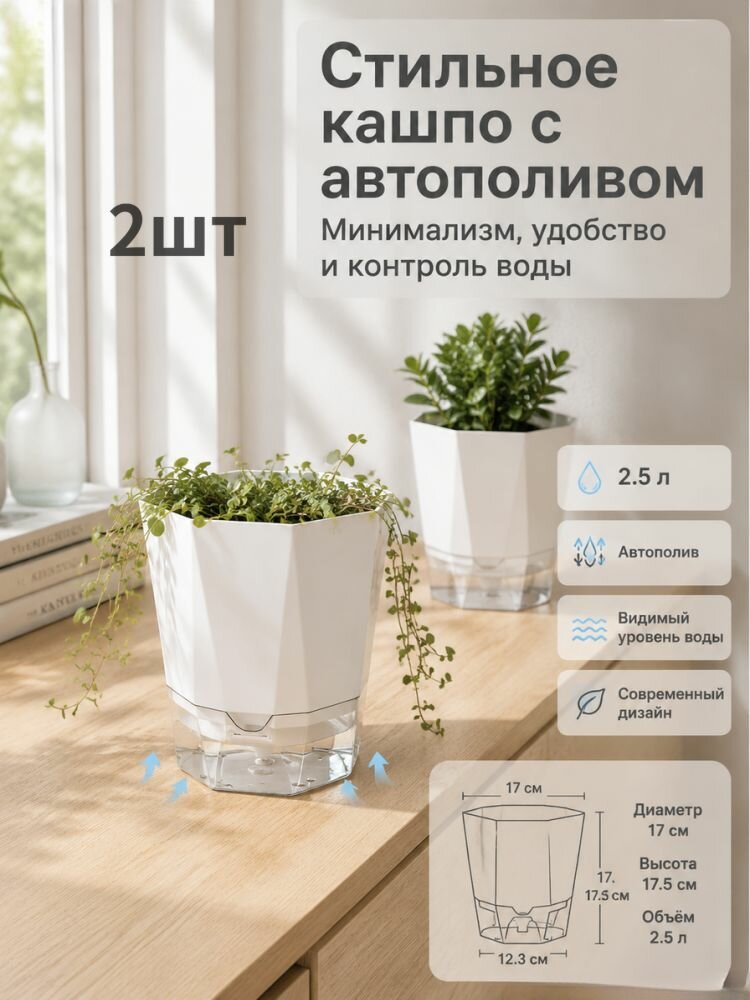 Вазон 2.5 л, 17 см, 2 шт, цвет белый, прозрачный