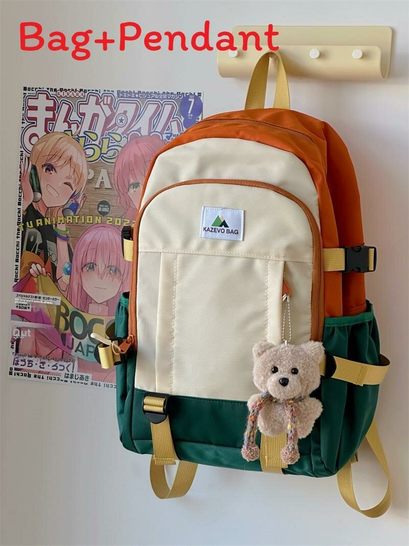 Teenage nylon backpack with color blocking and multiple storage compartments for school and daily use, white