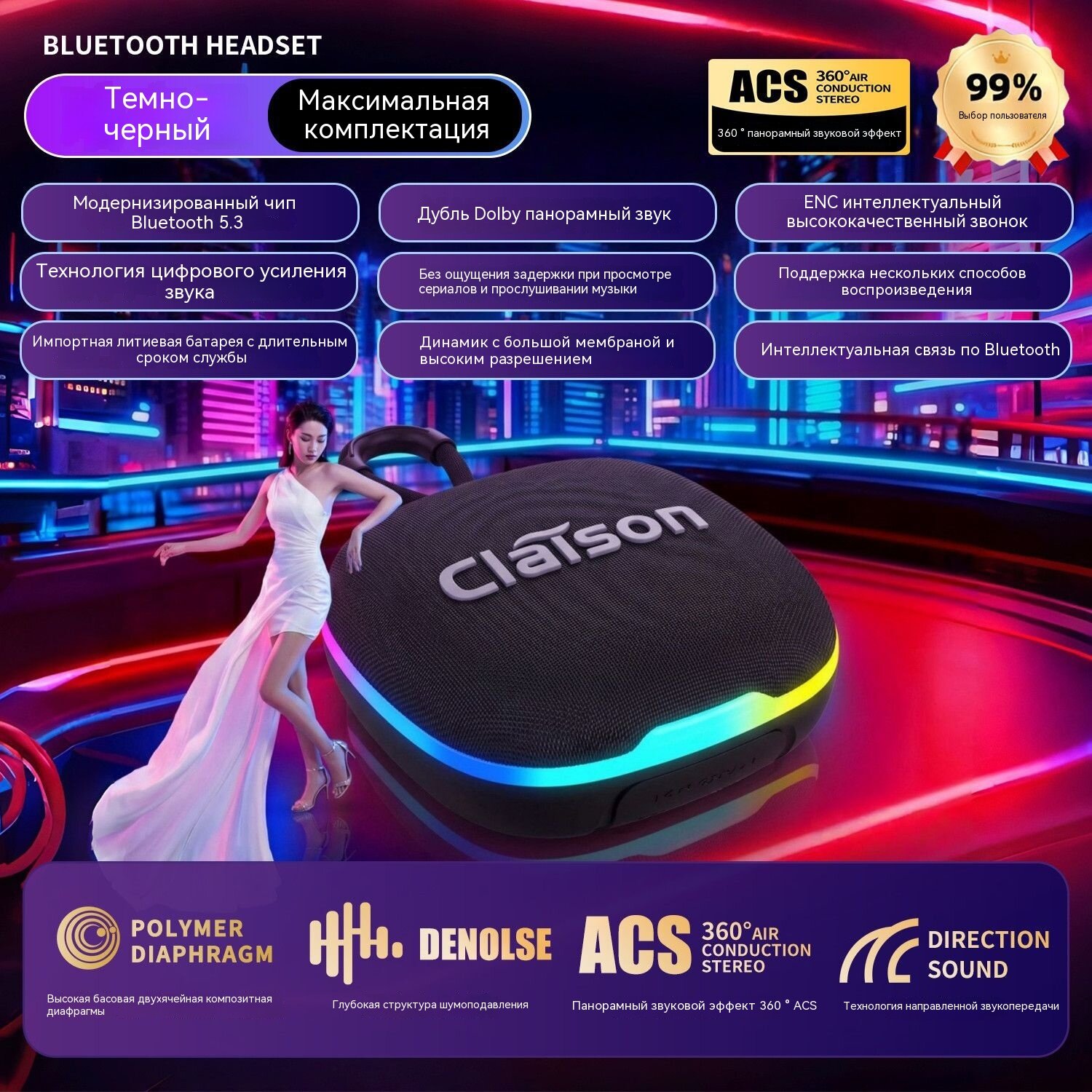 Беспроводная Bluetooth колонка Claison T53 мини портативная акустика с подсветкой RGB и защитой IPX4 для дома и улицы